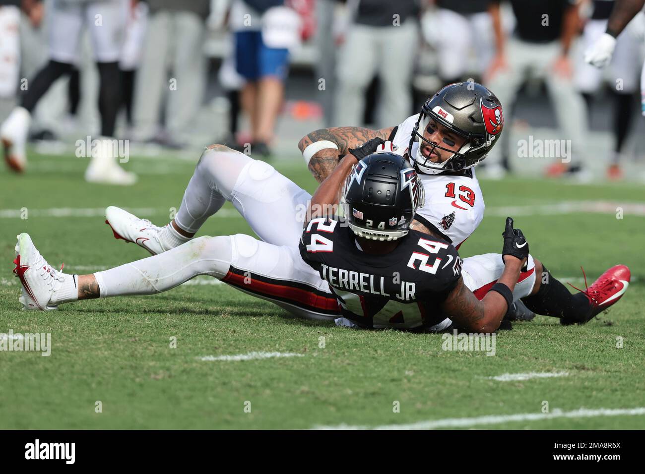 Atlanta Falcons cornerback A.J. Terrell (24) stops Tampa Bay Buccaneers wide receiver Mike Evans ...
