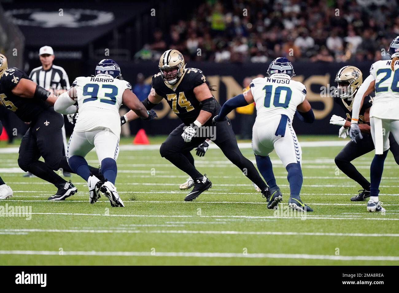 New Orleans Saints offensive tackle James Hurst (74) blocks at the line ...