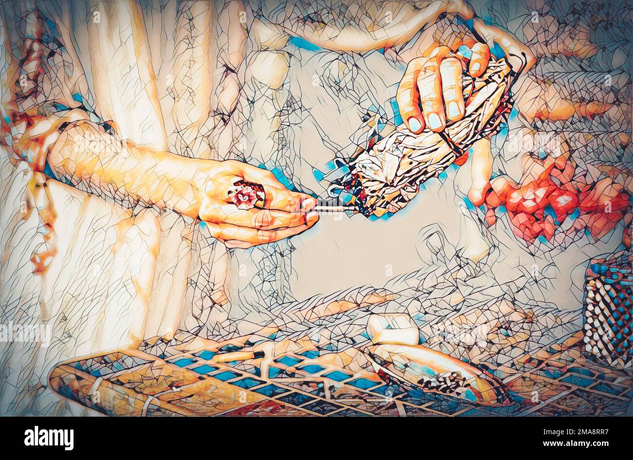 incense in a woman hand, ceremony space. Painting effect Stock Photo ...