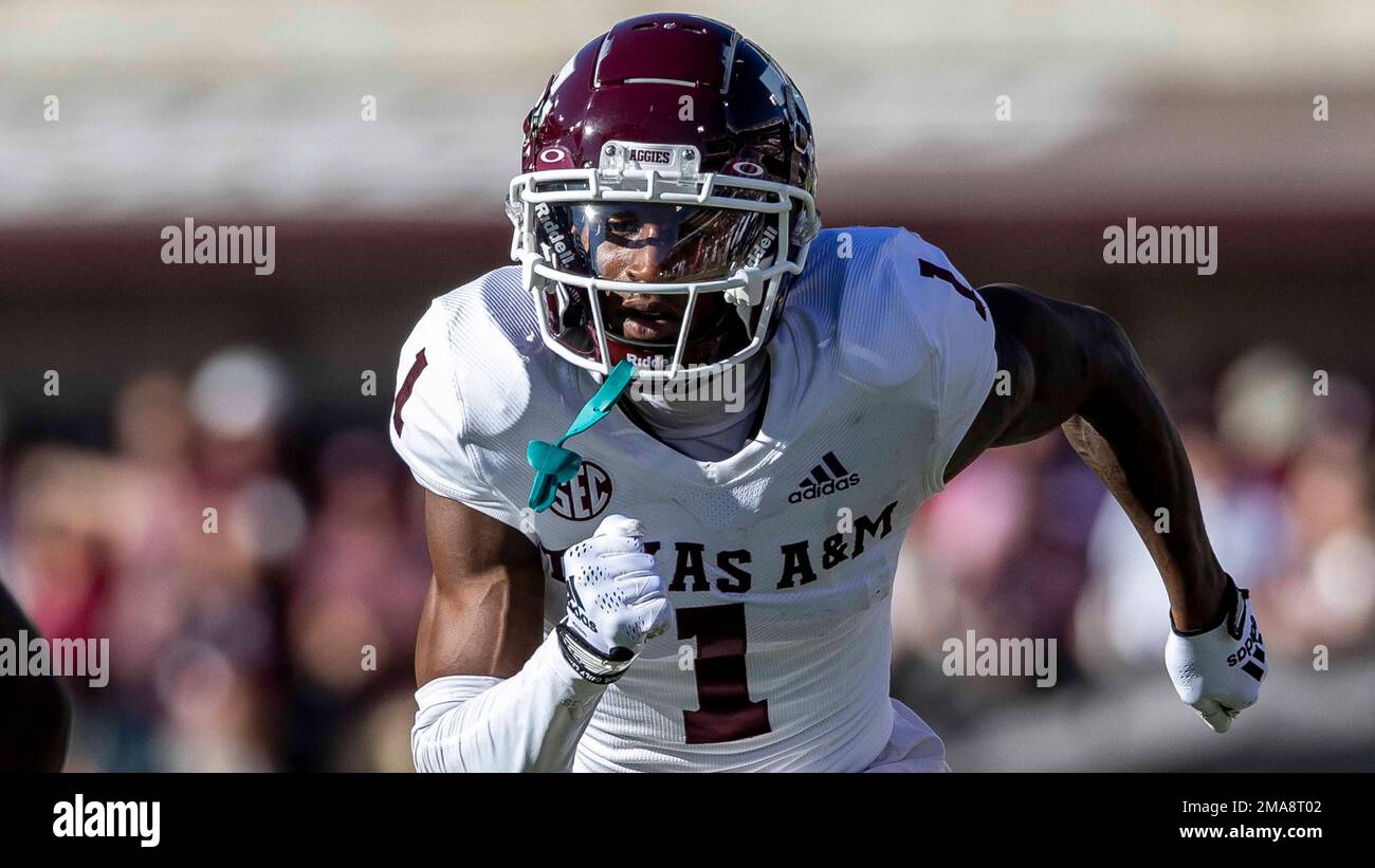 Texas A&M wide receiver Evan Stewart (1) during an NCAA football game ...