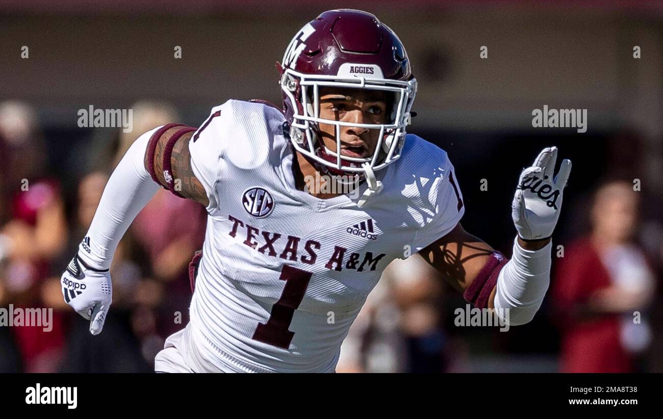 Texas A&M wide receiver Evan Stewart (1) during an NCAA football game ...