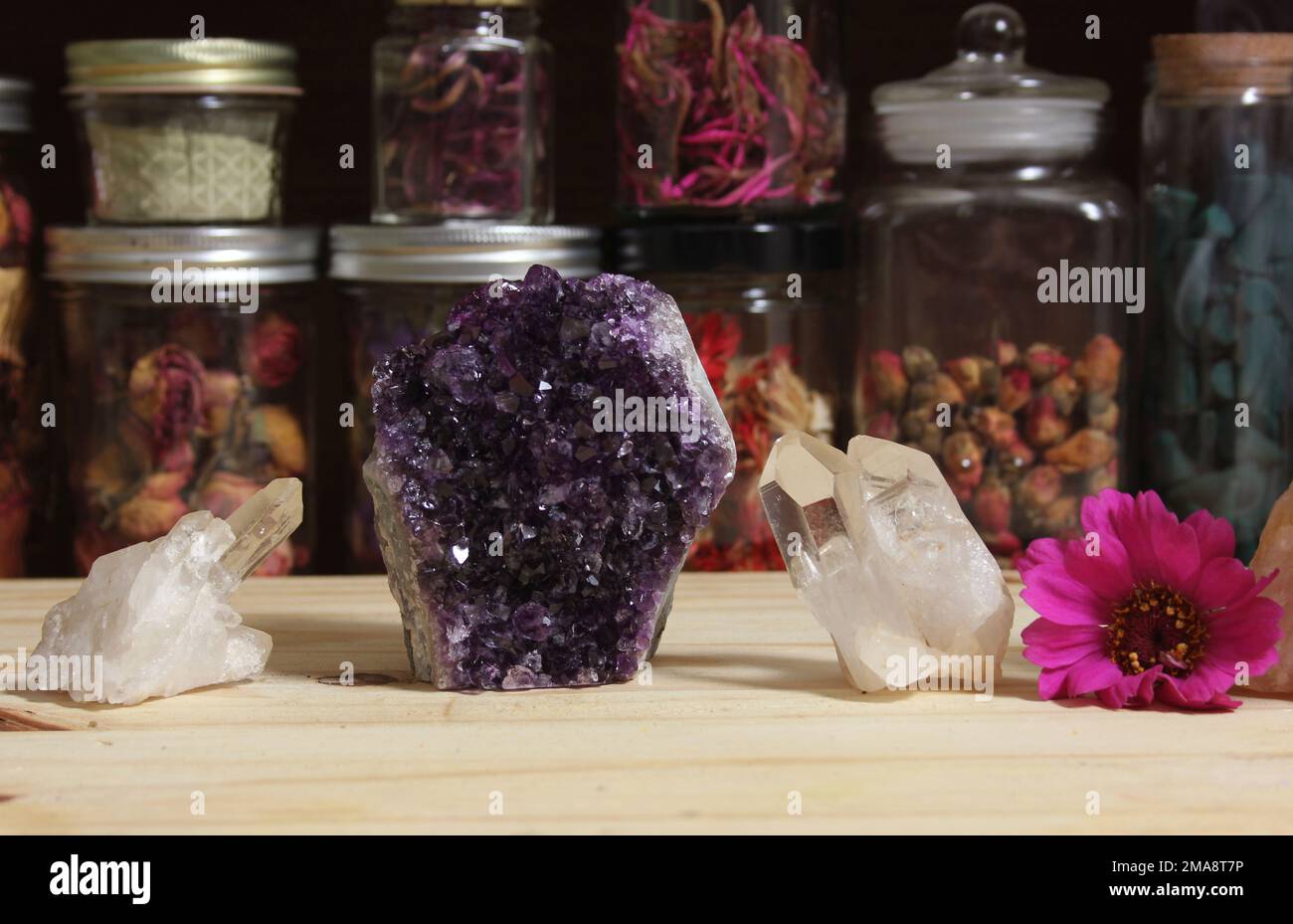 Amethyst Crystal With Quartz Points on Meditation Altar Stock Photo - Alamy