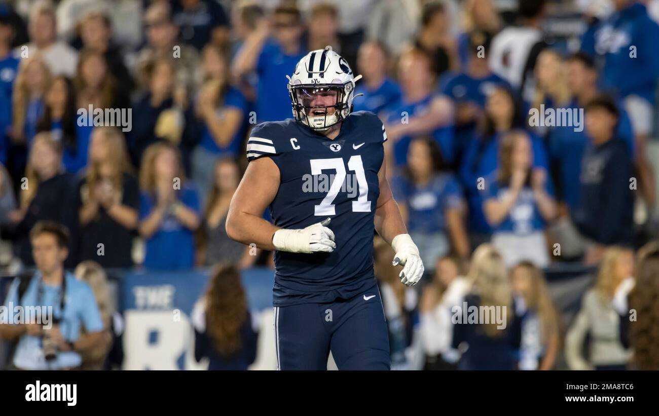 Brigham Young Cougars offensive lineman Blake Freeland (71) reacts ...