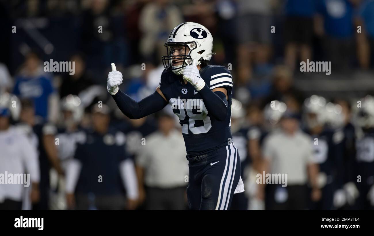 Brigham Young Cougars defensive back Hayden Livingston (28) gives the ...
