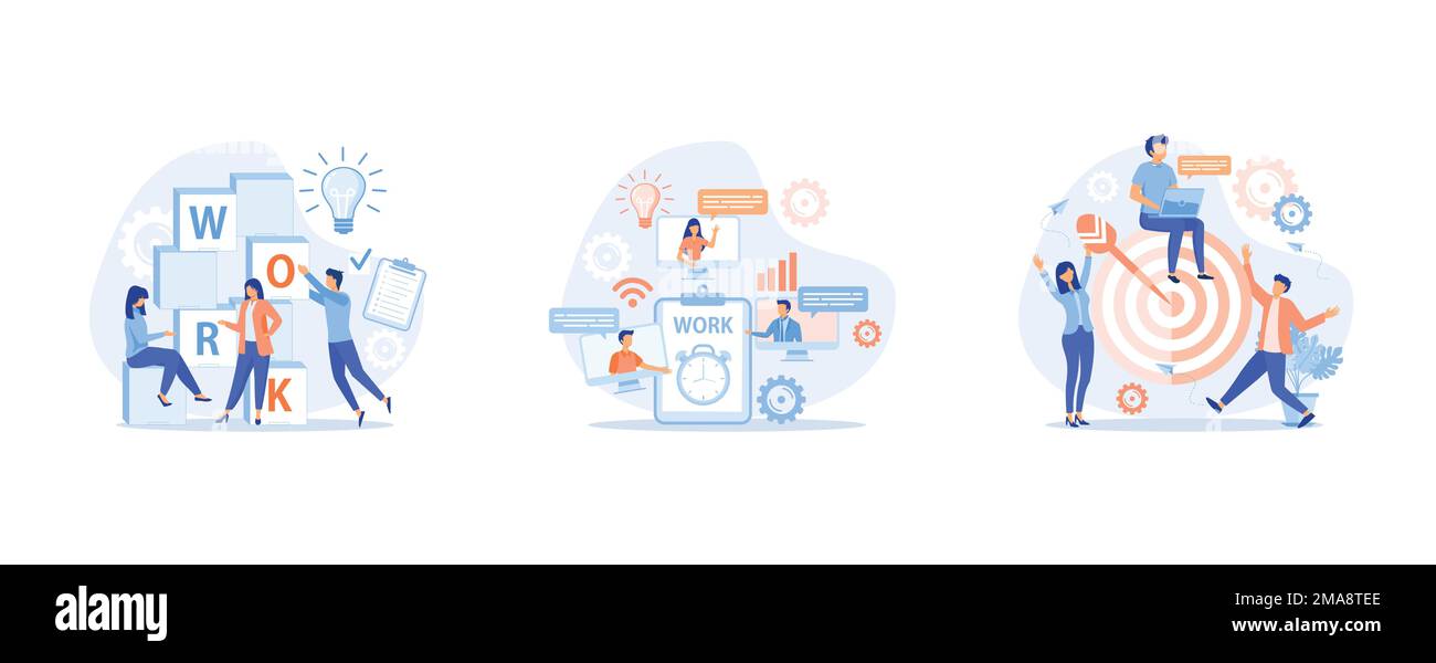 Teamwork online, common goals banners set. Business meeting successful ...