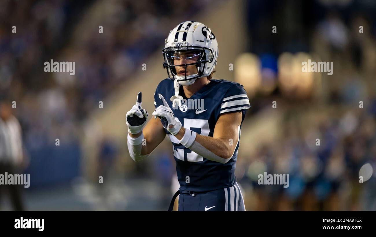 Brigham Young Cougars wide receiver Chase Roberts (27) signals to the ...
