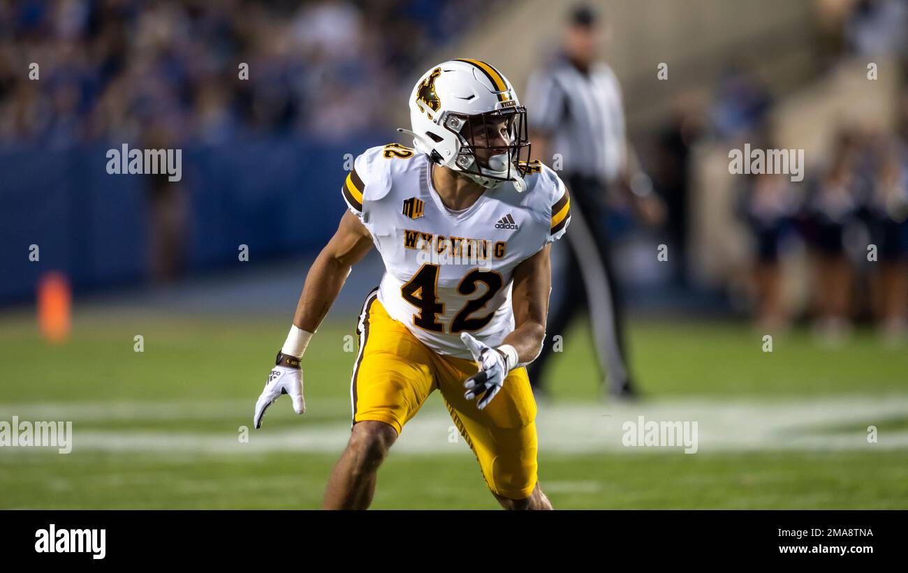 Wyoming Cowboys safety Isaac White (42) runs on defense during an NCAA ...