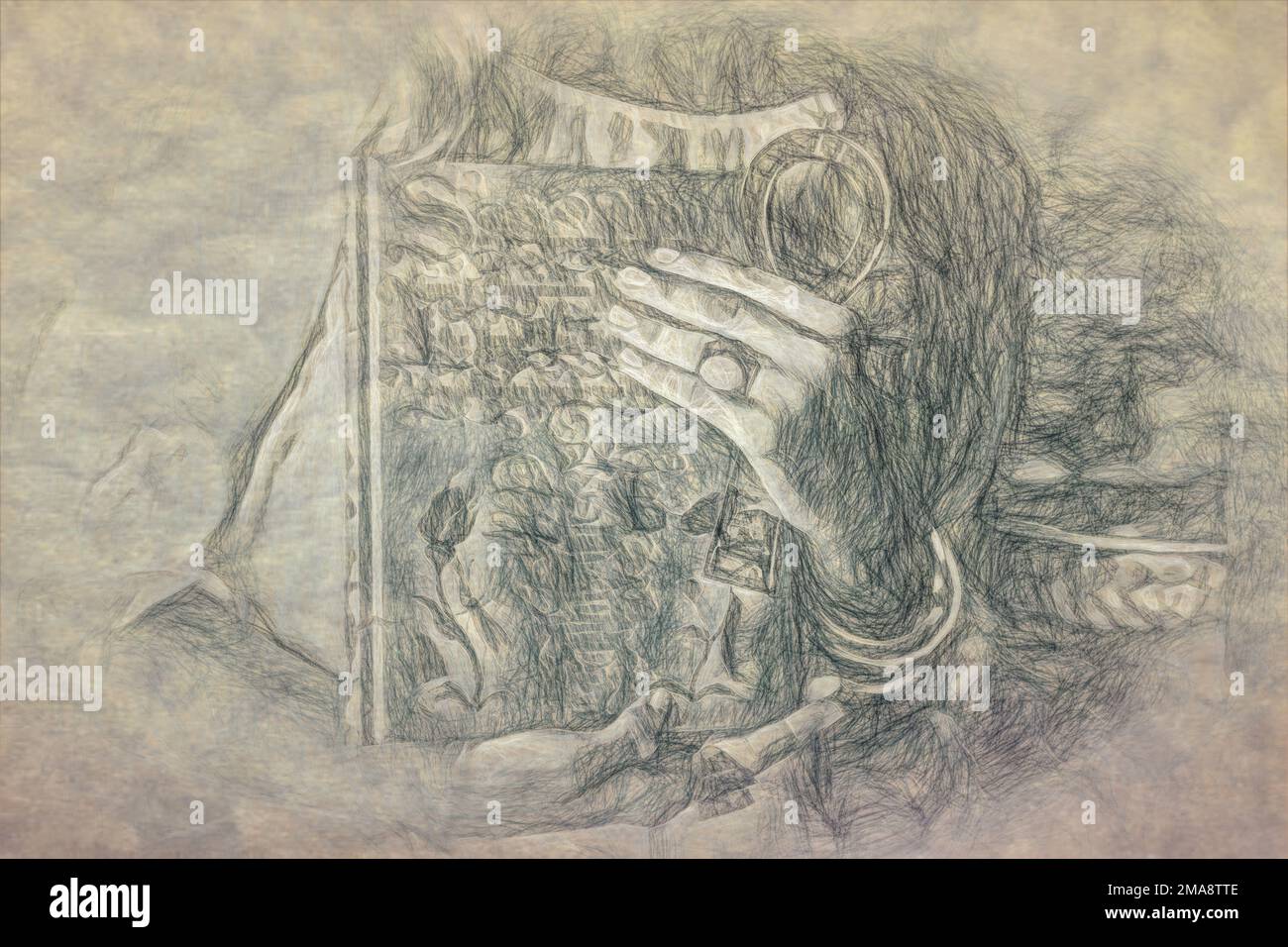 Woman holds ornamental book and Egyptian anch and drawing effect Stock ...