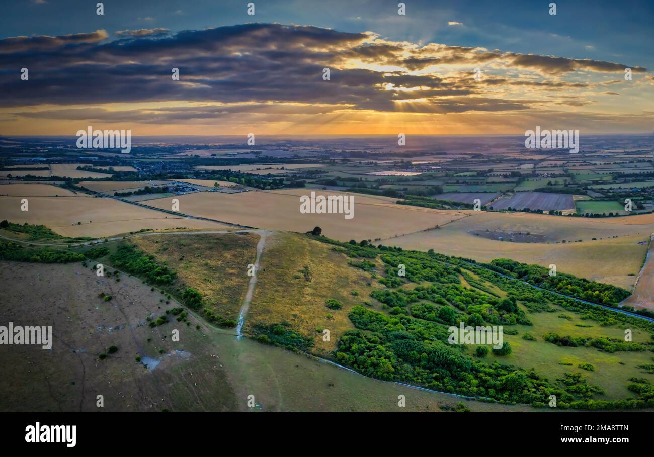 Drone shot of Ivinghoe Beacon sunset with clouds and blue sky Stock ...