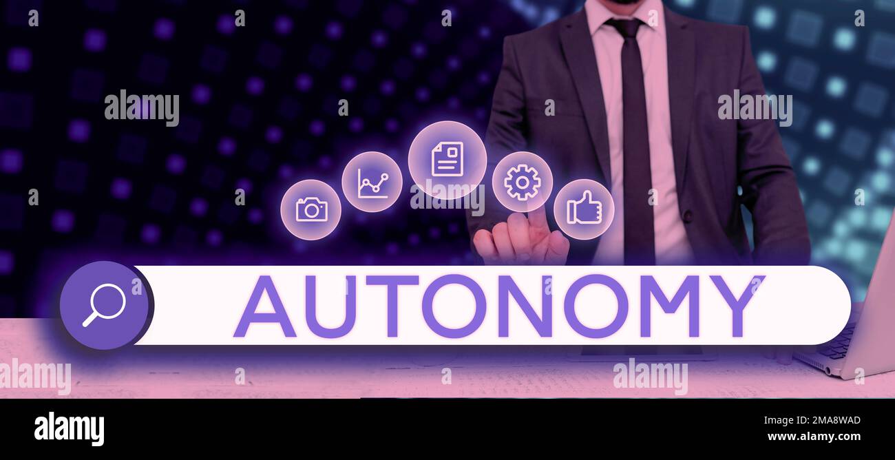 Hand writing sign Autonomy. Business showcase vehicle that can guide itself without human ...