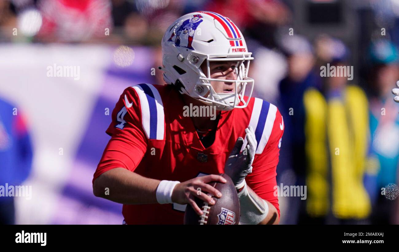 New England Patriots quarterback Bailey Zappe during an NFL football ...