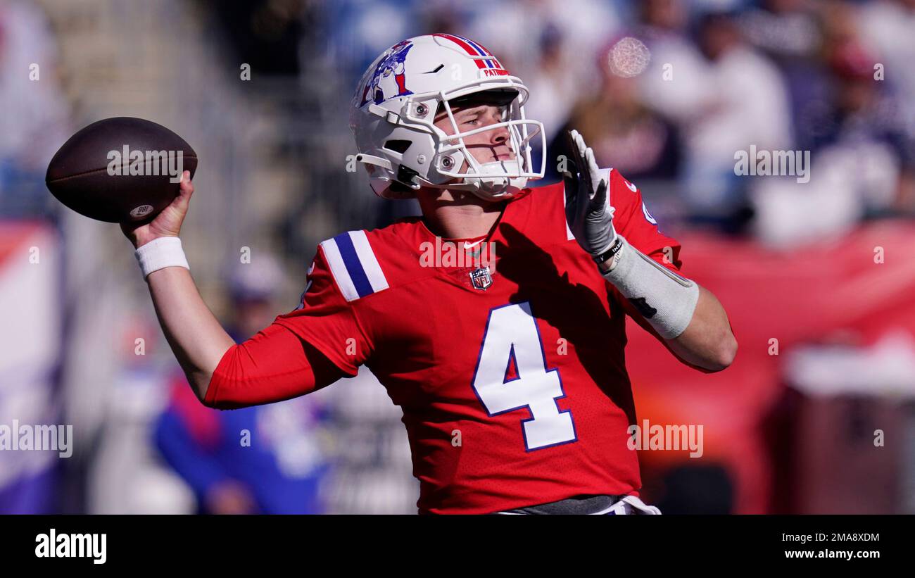 New England Patriots quarterback Bailey Zappe (4) during an NFL ...