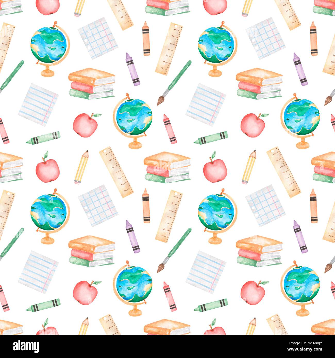 Watercolor hand drawn school supplies seamless pattern, Globus, pencil ...