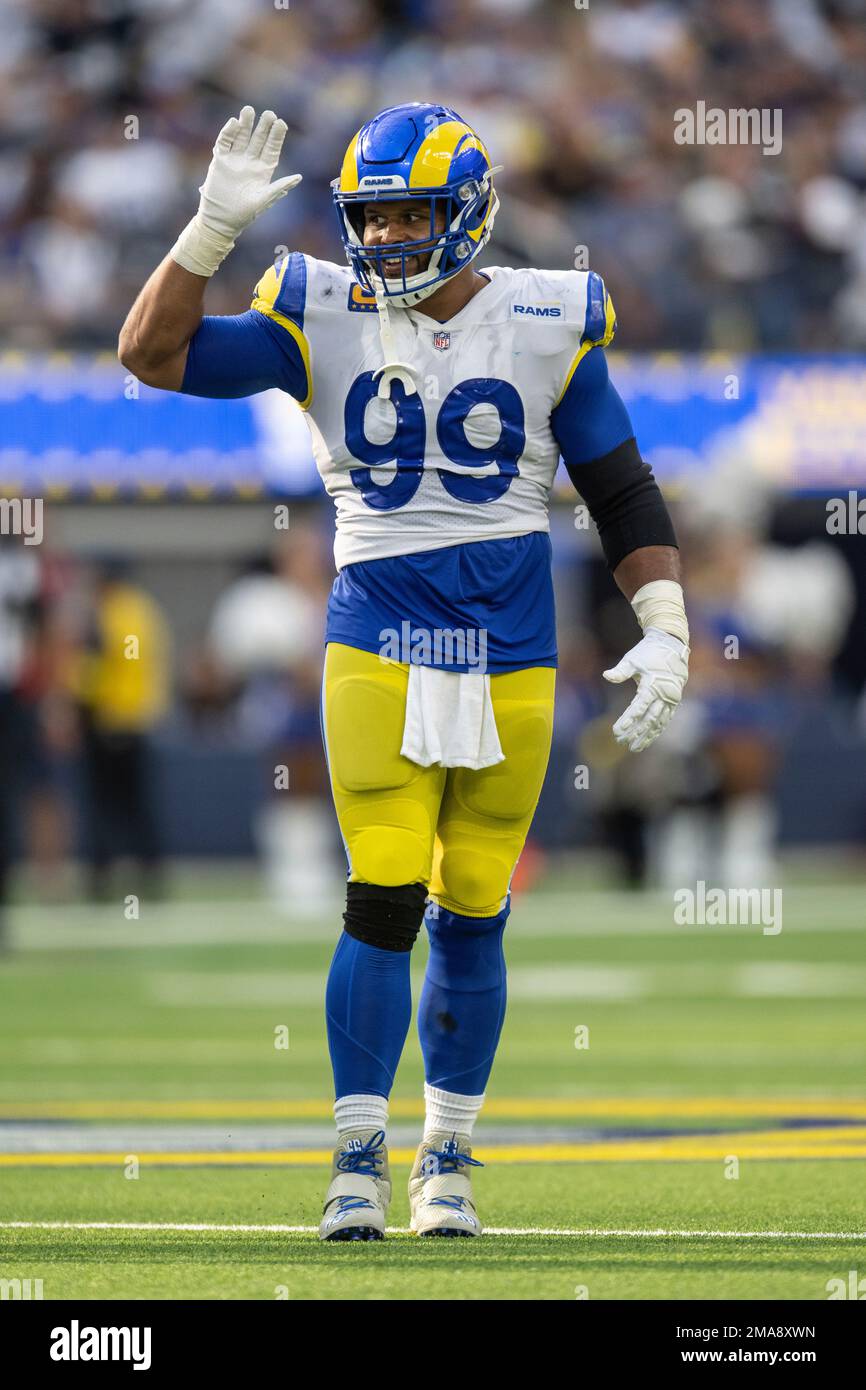 Los Angeles Rams defensive tackle Aaron Donald (99) reacts during an ...