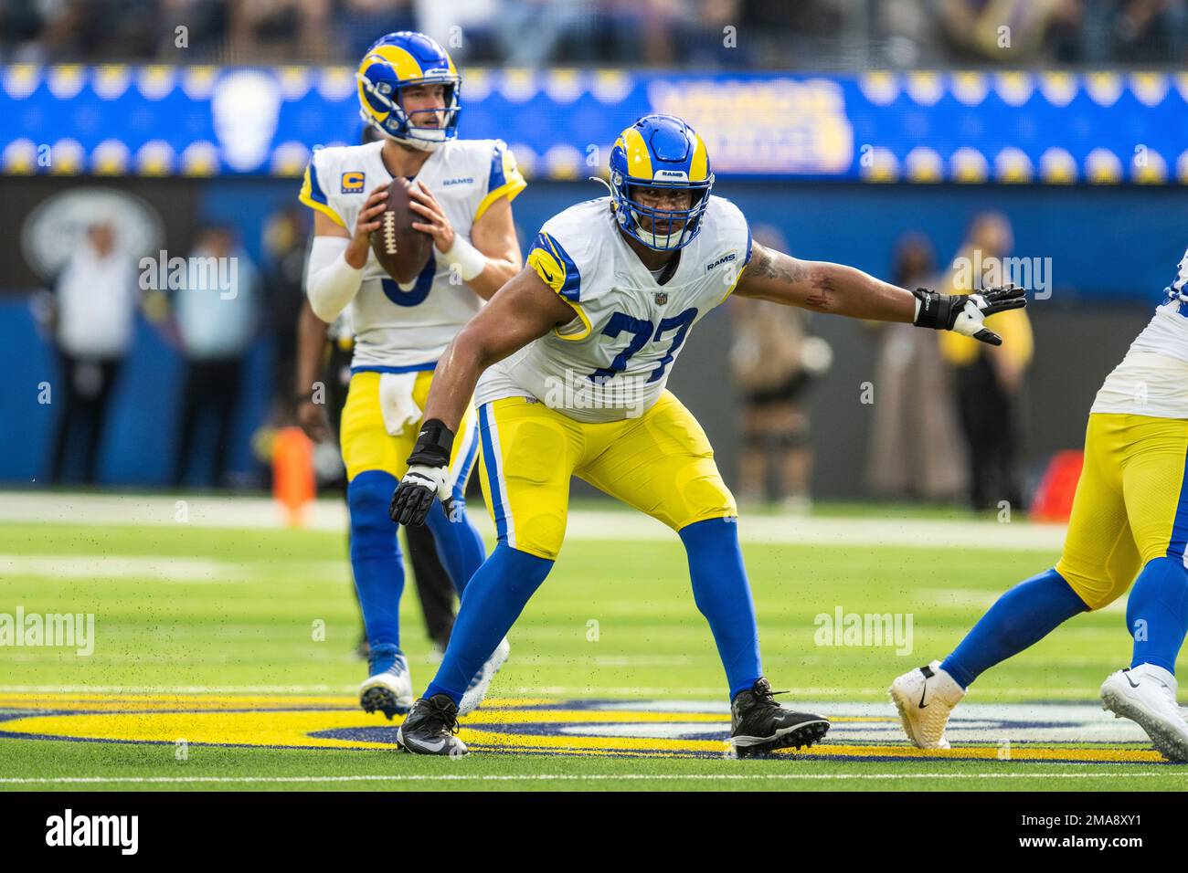 Los Angeles Rams offensive tackle AJ Jackson (77) takes his stance ...