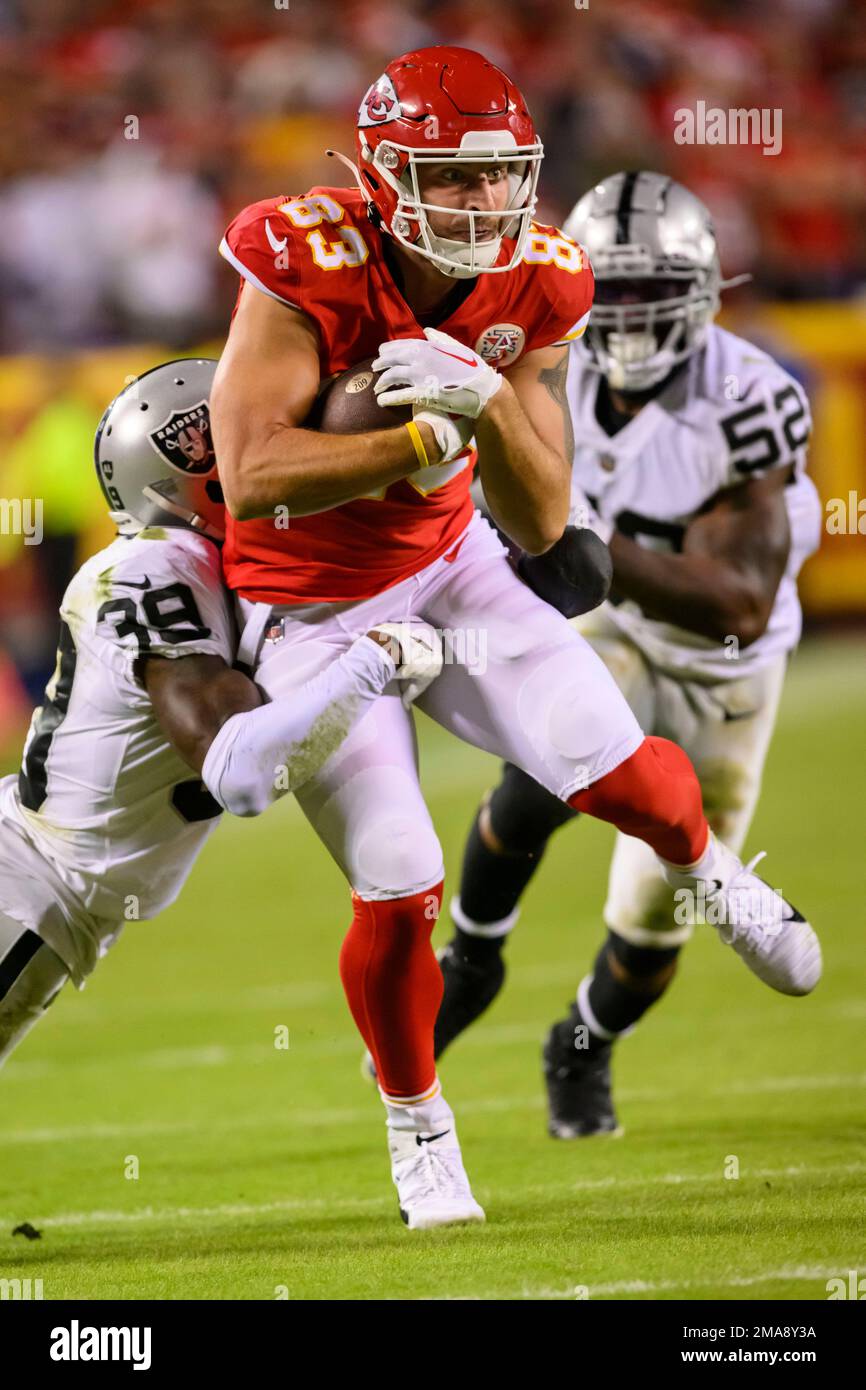 Kansas City Chiefs tight end Noah Gray (83) is tackled by Las Vegas ...