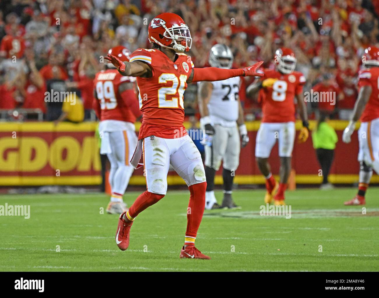 Kansas City Chiefs safety Deon Bush (26) reacts after beating the Las ...