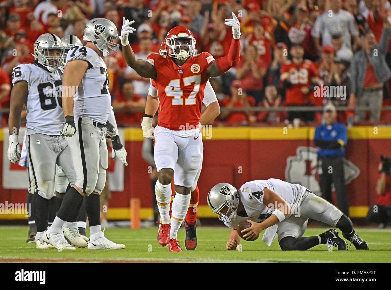 Kansas City Chiefs linebacker Darius Harris (47) reacts after sacking ...