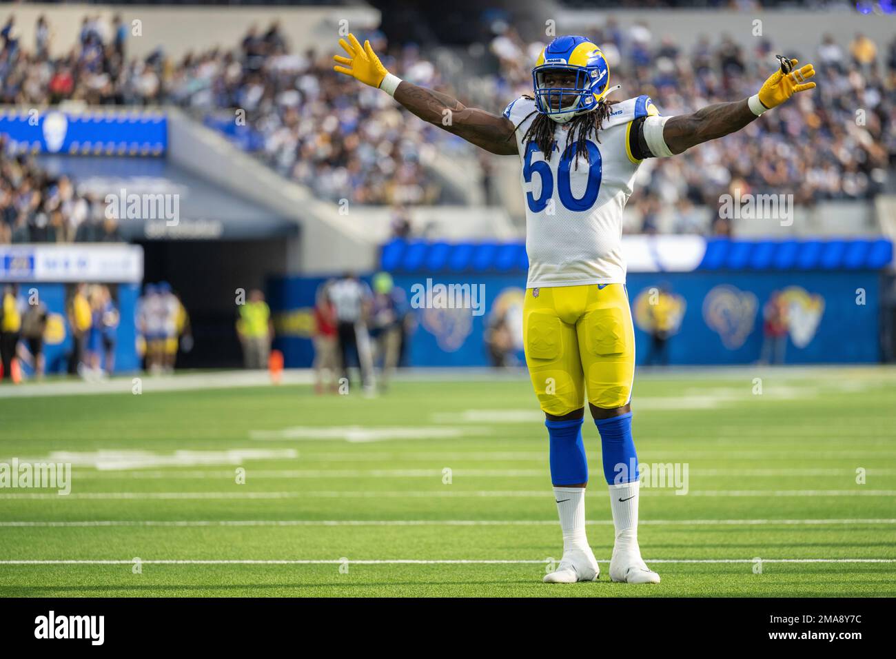 Los Angeles Rams defensive end Takkarist McKinley (50) gestures during ...