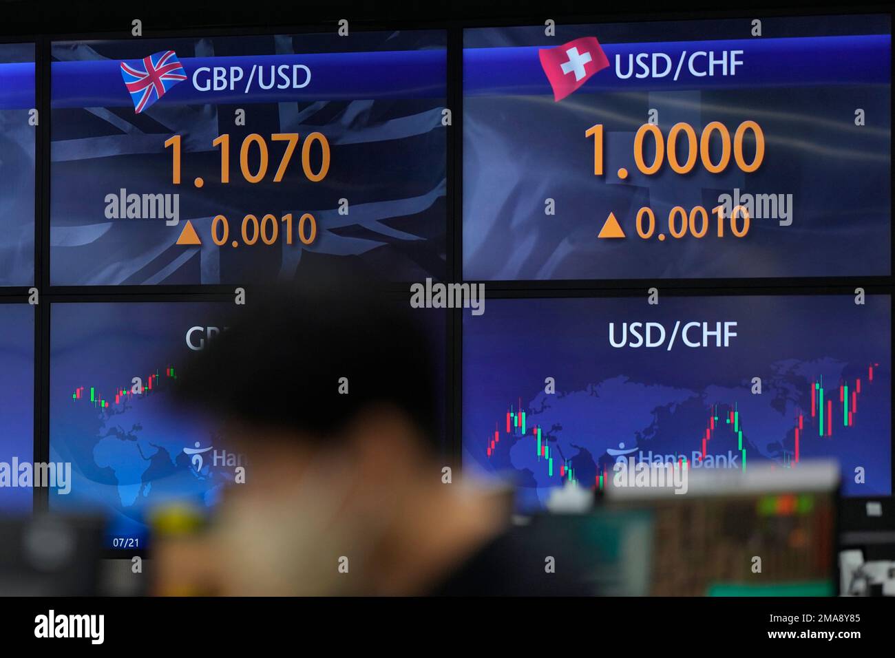 A currency trader walks near the screens showing the foreign exchange ...