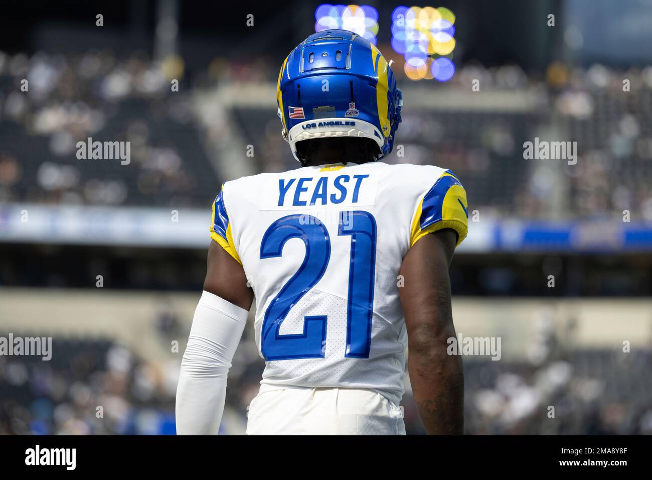 A detail of Los Angeles Rams safety Russ Yeast's (21) helmet and jersey ...