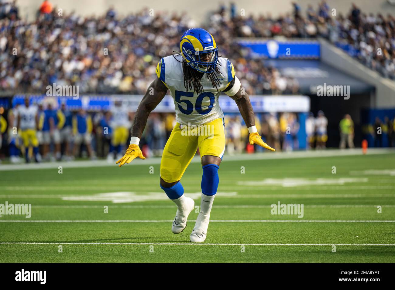 Los Angeles Rams defensive end Takkarist McKinley (50) takes his stance ...