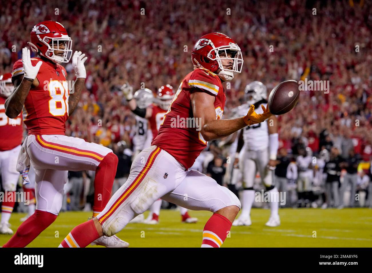 Kansas City Chiefs tight end Travis Kelce celebrates after scoring on a ...