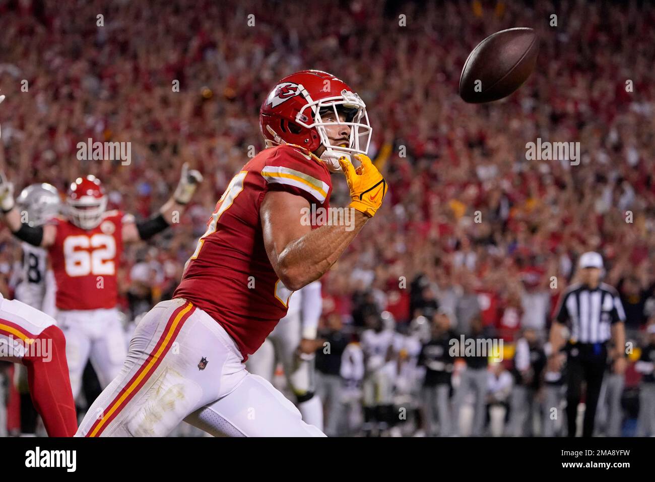 Kansas City Chiefs tight end Travis Kelce celebrates after scoring on a ...