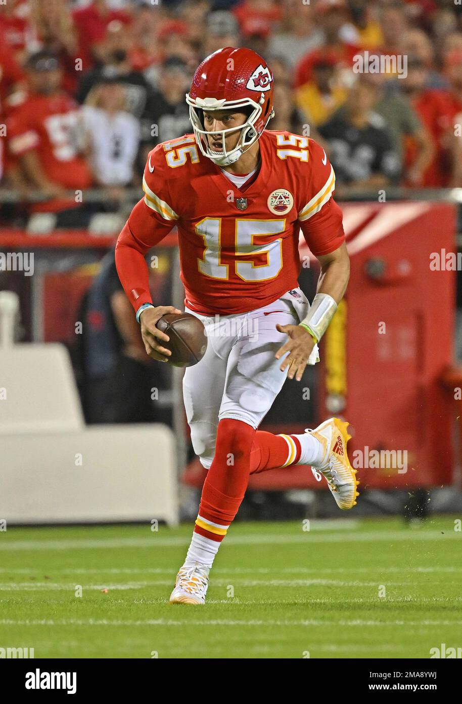 Kansas City Chiefs quarterback Patrick Mahomes (15) runs with the ball ...