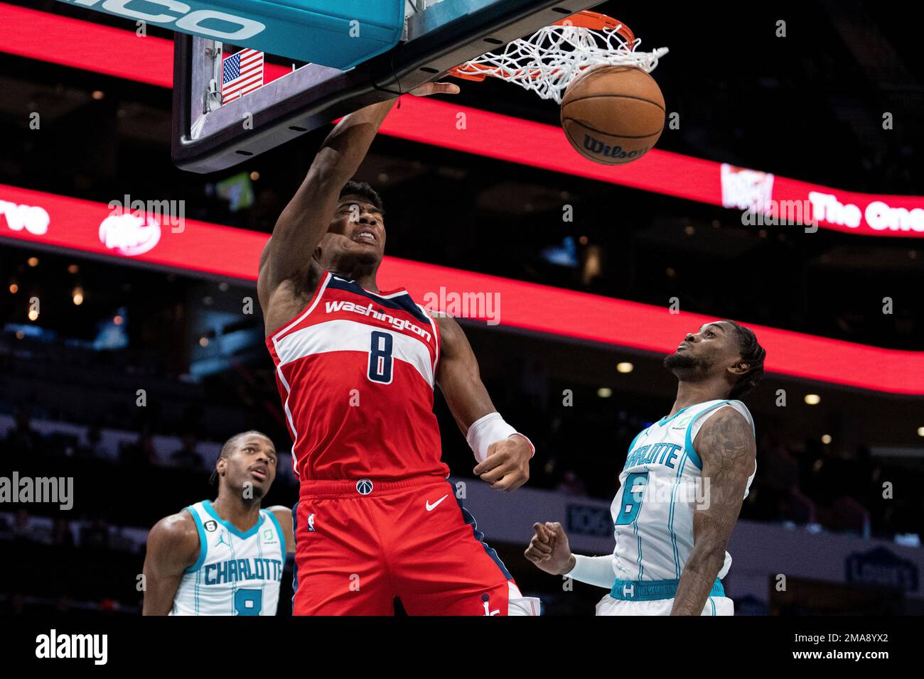 Washington Wizards forward Rui Hachimura (8) dunks the ball against the ...