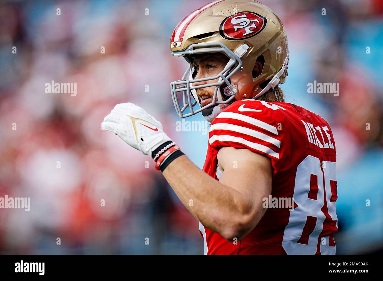 San Francisco 49ers tight end George Kittle (85) warms up before an NFL ...