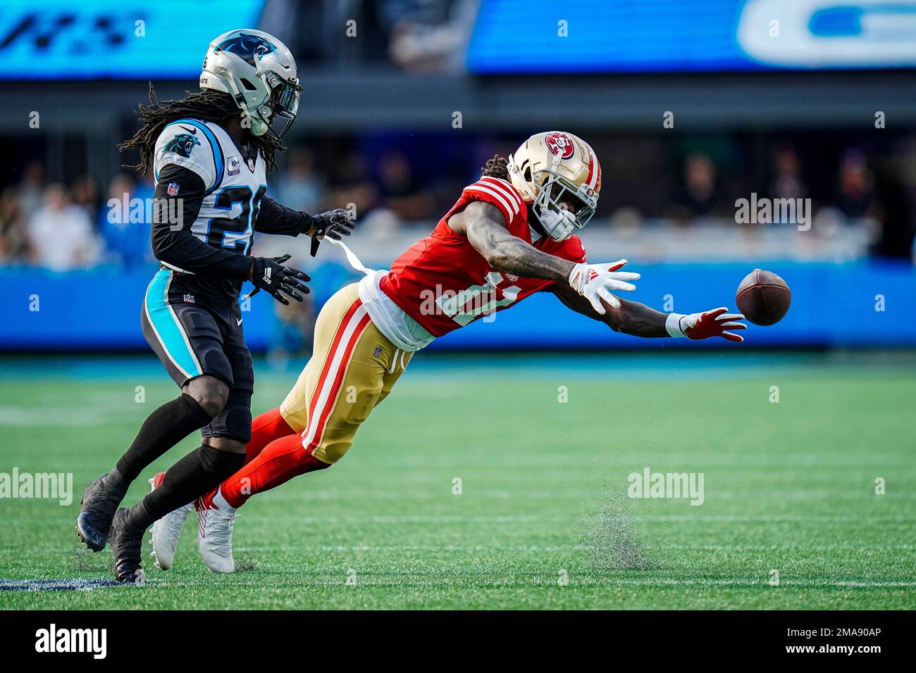 Carolina Panthers cornerback Donte Jackson (26) defends a pass to San ...