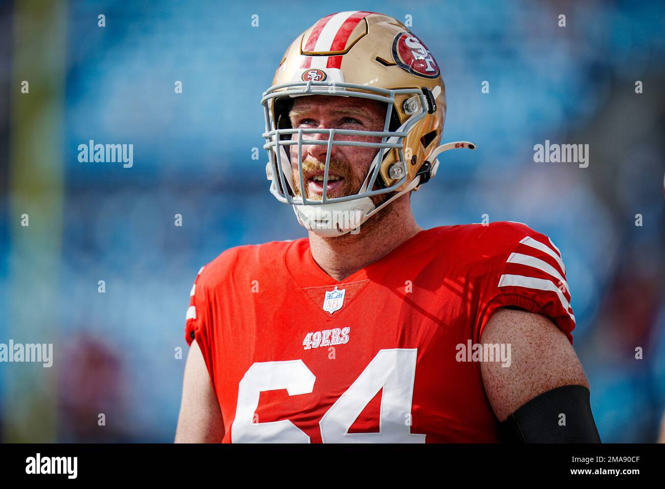San Francisco 49ers center Jake Brendel (64) warms up before an NFL ...