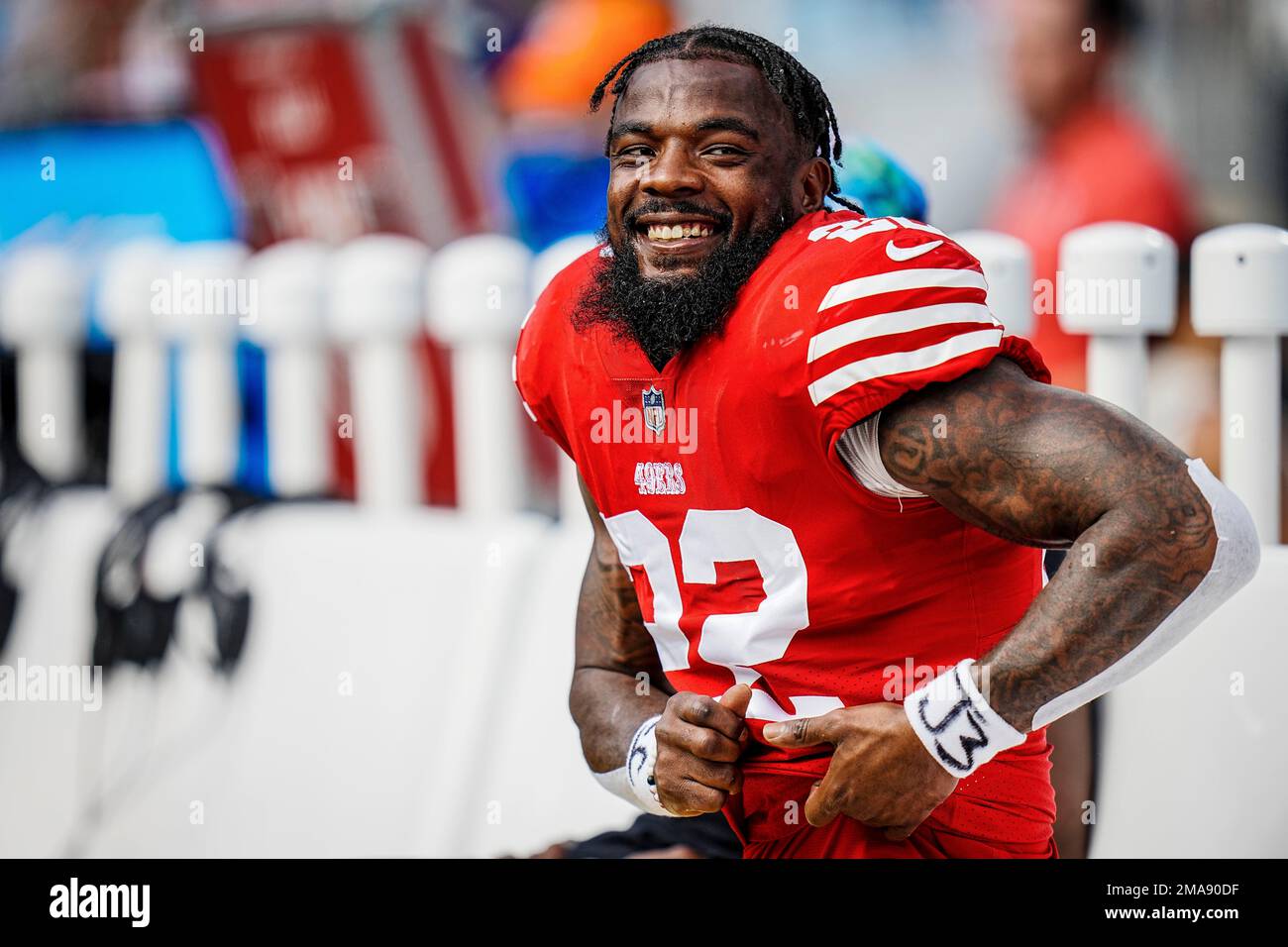 San Francisco 49ers running back Jeff Wilson Jr. (22) smiles during ...