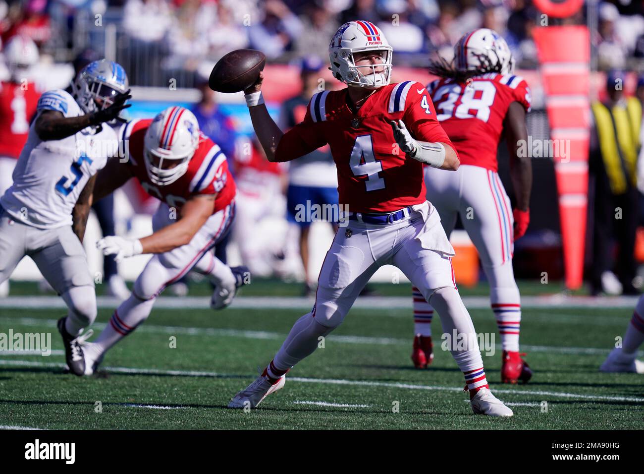 New England Patriots quarterback Bailey Zappe during an NFL football ...