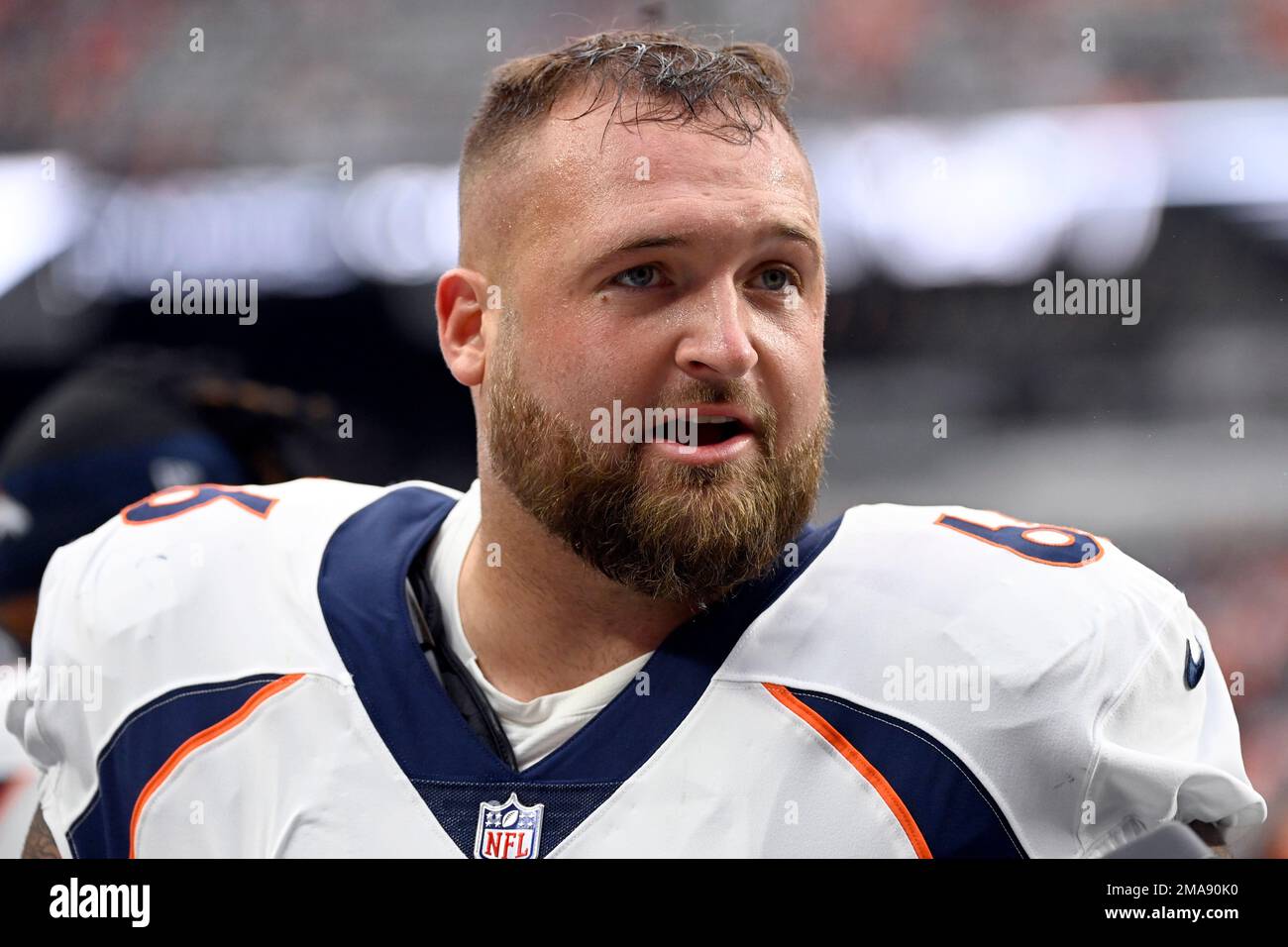 Denver Broncos guard Dalton Risner (66) looks on during an NFL football ...