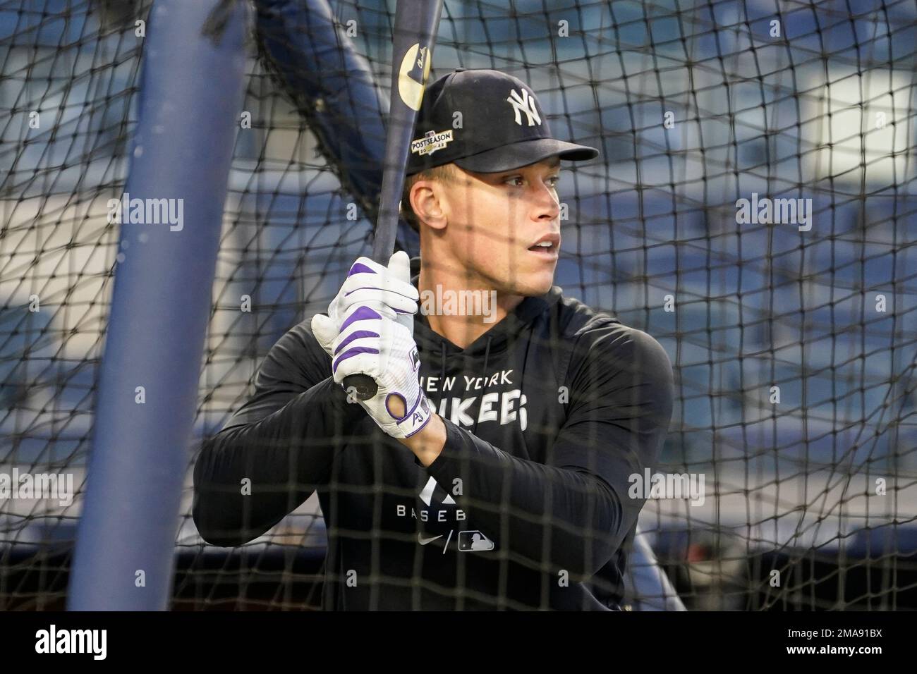 New York Yankees' Aaron Judge bats during a workout ahead of Game 1 of ...