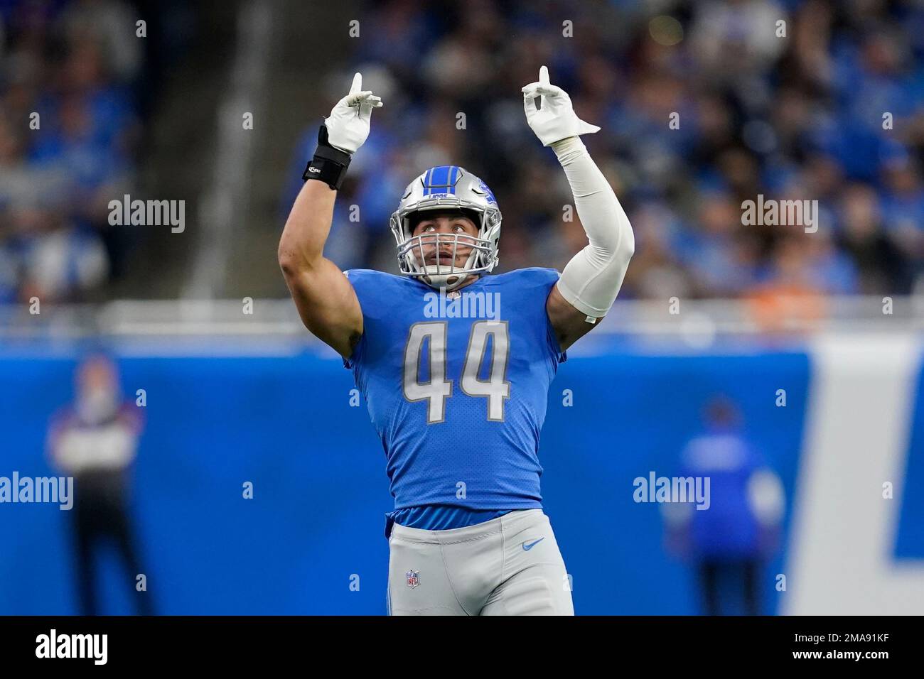 Detroit Lions linebacker Malcolm Rodriguez celebrates a tackle against ...