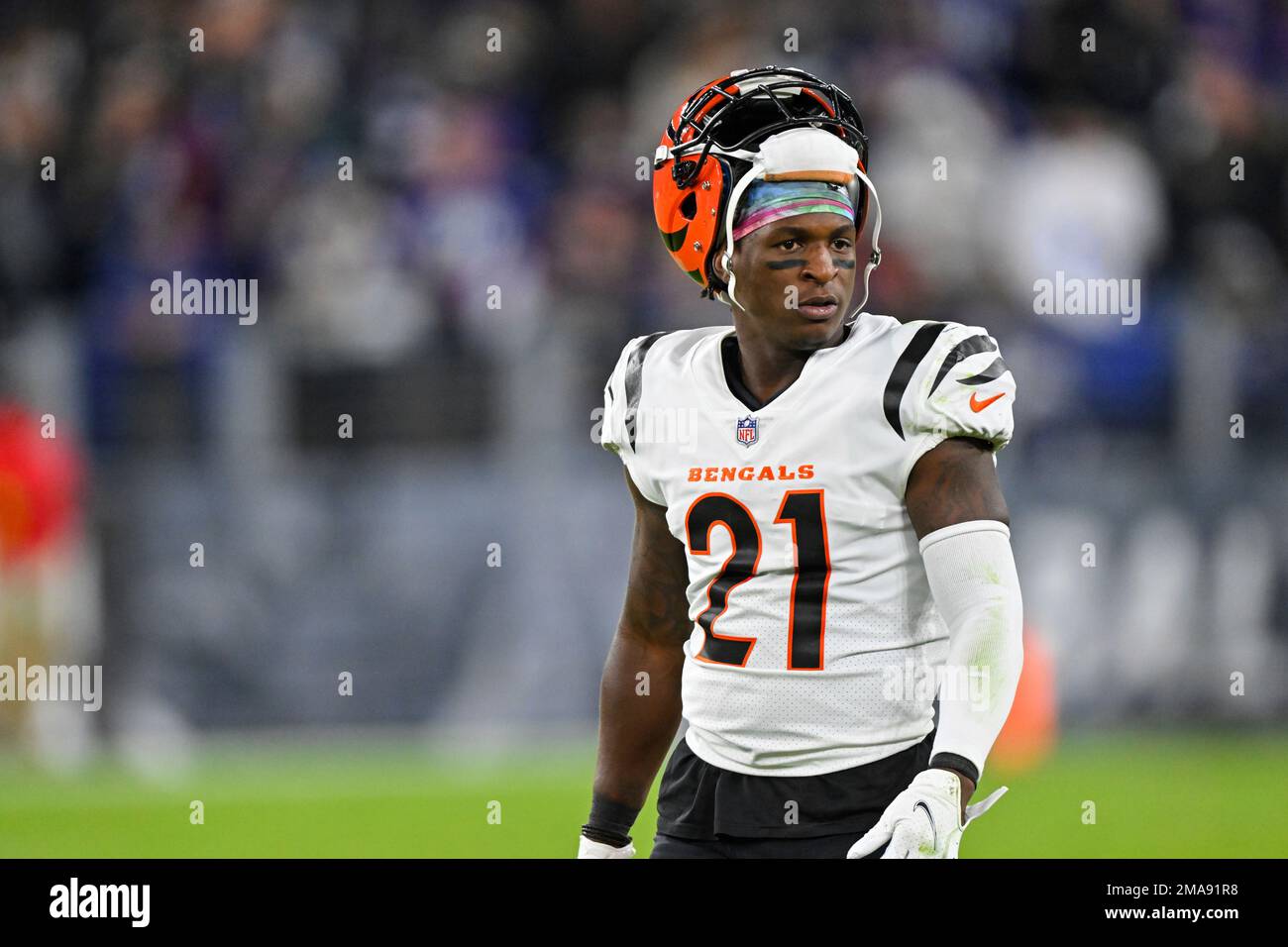 Cincinnati Bengals cornerback Mike Hilton (21) looks on between plays ...