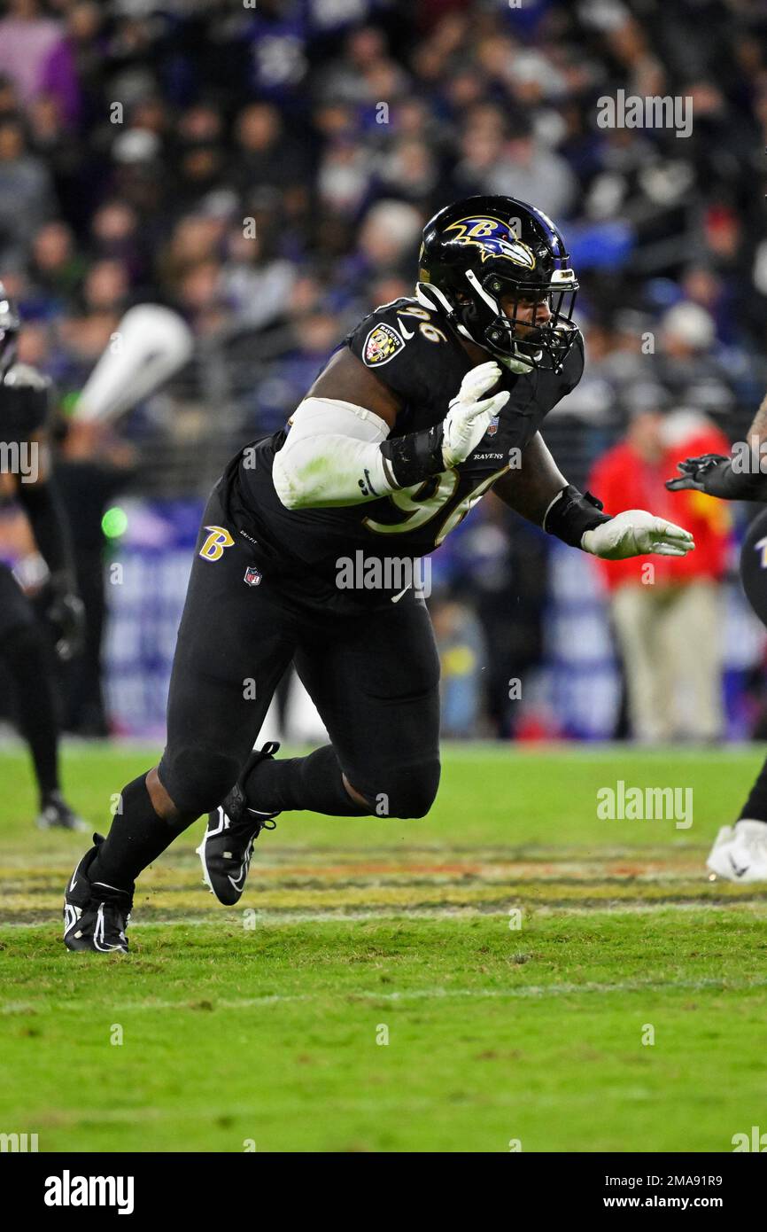 Baltimore Ravens defensive tackle Broderick Washington (96) in action ...