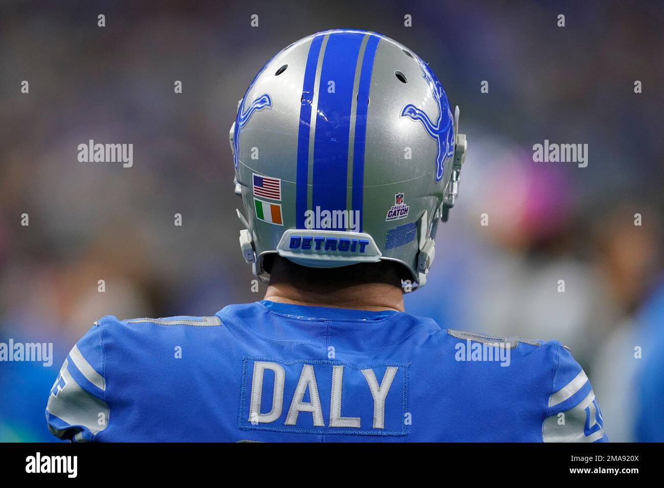 Detroit Lions long snapper Scott Daly wear the flag of Ireland during an NFL football game in ...