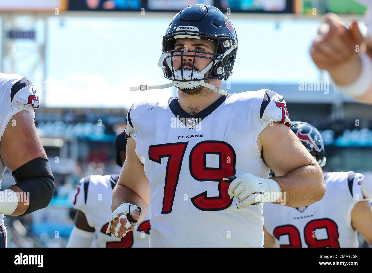 Houston Texans center Jimmy Morrissey (79) jogs off the field at the ...