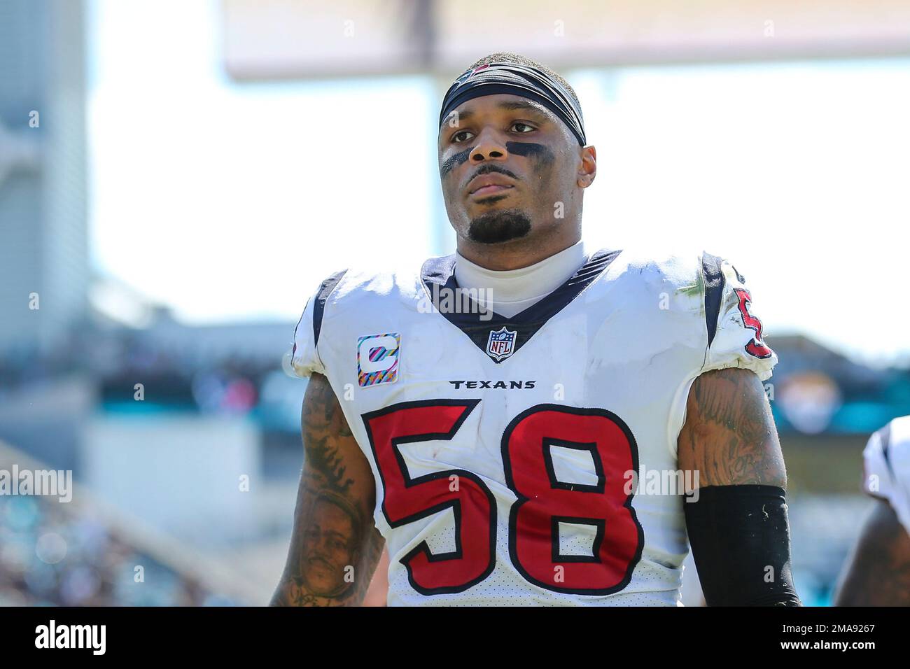 Houston Texans guard Kenyon Green (59) walks off the field at the end ...