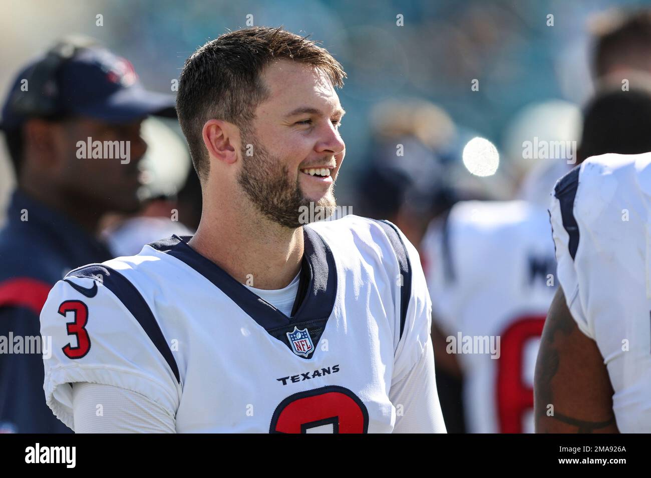 Houston Texans quarterback Kyle Allen (3) on the sidelines during an ...