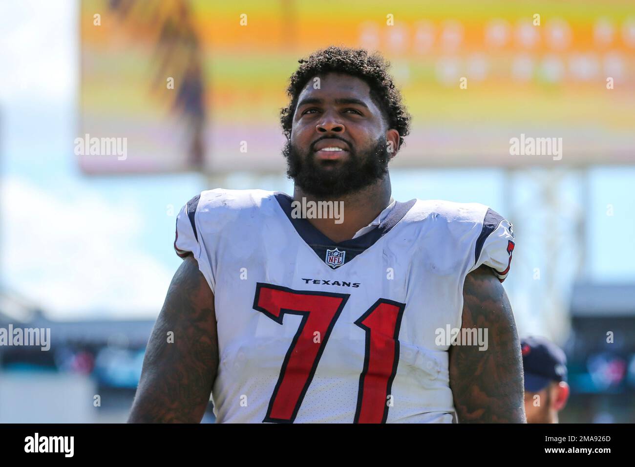 Houston Texans offensive tackle Tytus Howard (71) walks off the field ...