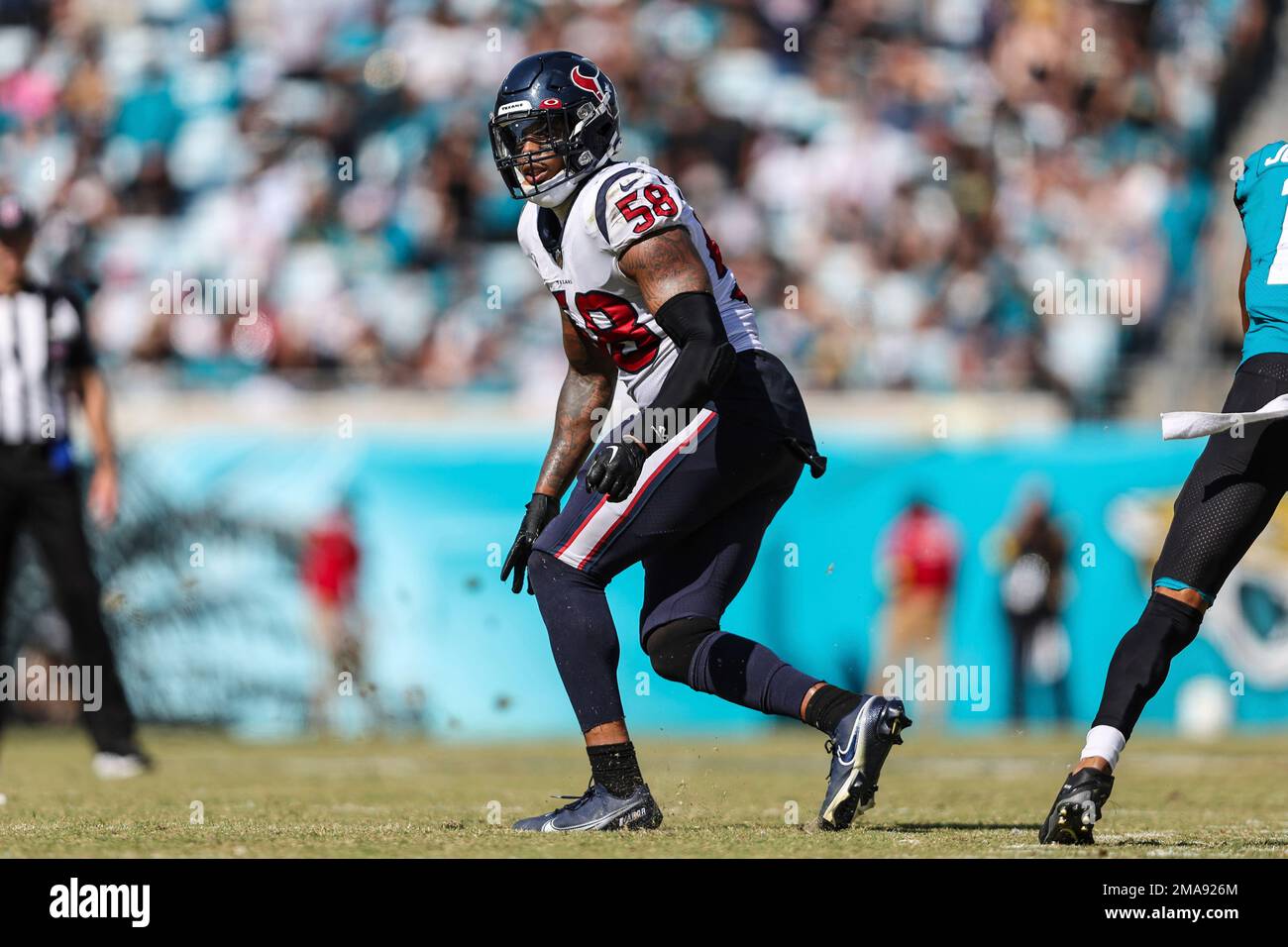 Houston Texans linebacker Christian Kirksey (58) reacts t a play during ... Houston Texans linebacker Christian Kirksey (58) reacts t a play during ...