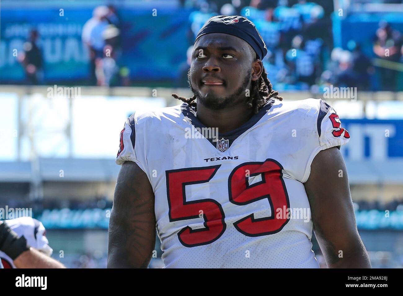 Houston Texans guard Kenyon Green (59) walks off the field at the end ...