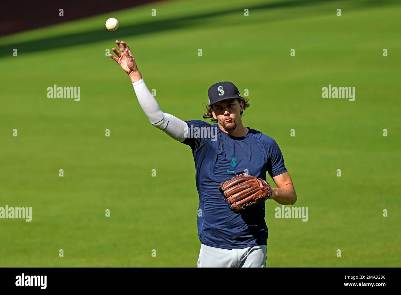 Seattle Mariners starting pitcher Logan Gilbert throws during a workout ...
