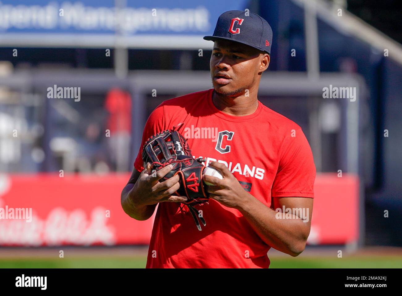 Cleveland Guardians' Oscar Gonzalez works out ahead of Game 1 of ...