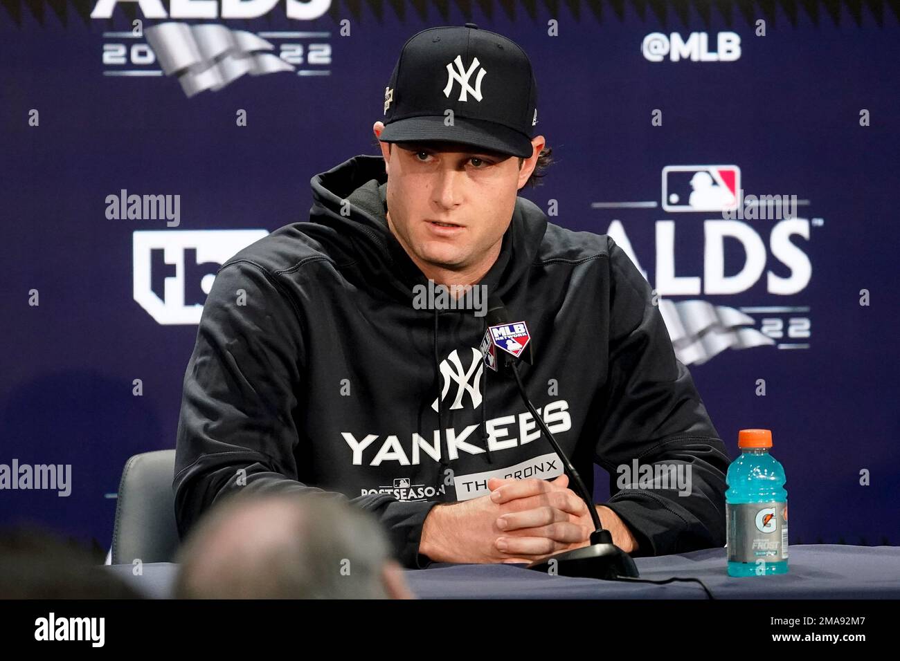 New York Yankees' Gerrit Cole attends a news conference before a ...